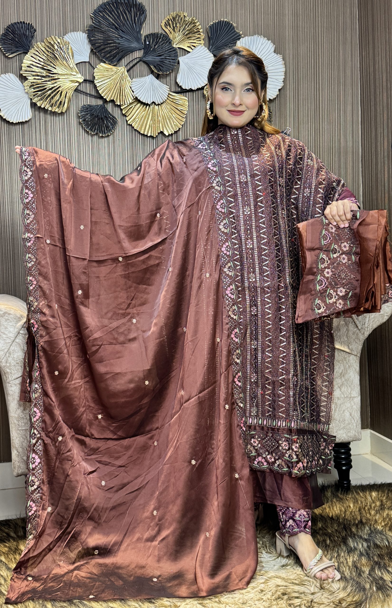 Indian Chinon Silk Three piece original Coffee Color – Anha-collection